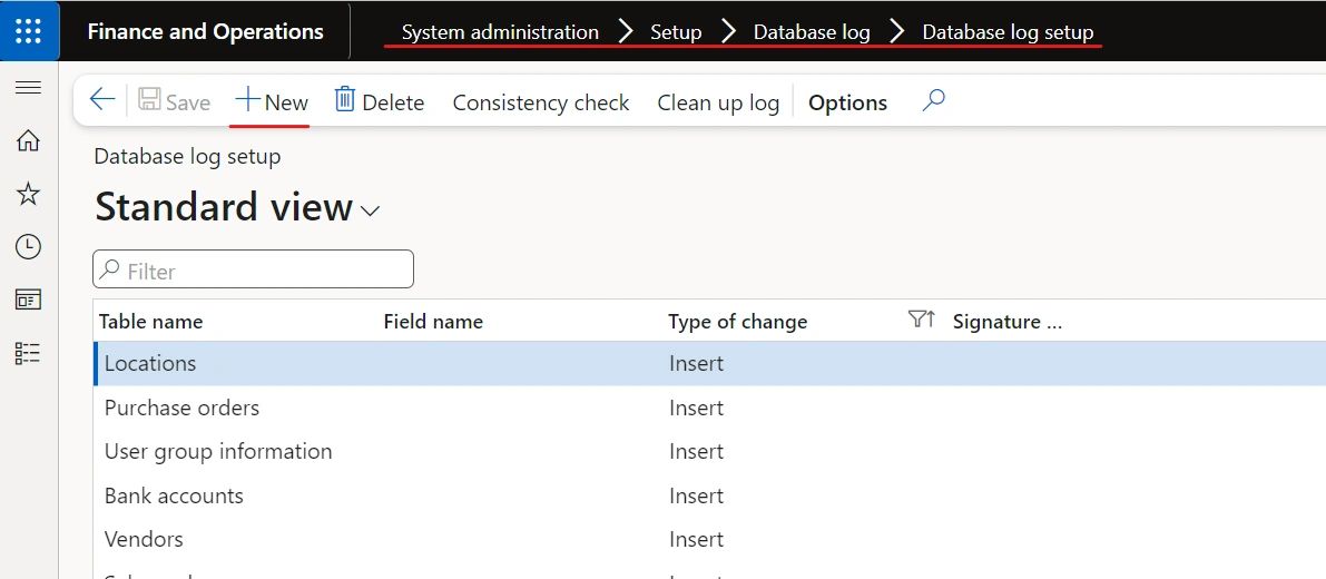 Enable Database log for key tables